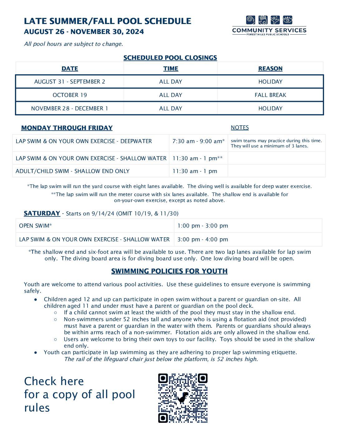 Pool Schedule - Forest Hills Aquatic Center - Forest Hills Public Schools